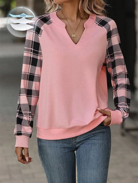 Emery Rose Plaid Raglan Sleeve Notched Neckline Sweatshirt Long Sleeve