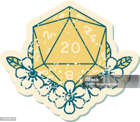레트로 문신 스타일 자연 20 D20 주사위 롤 꽃 요소 굴리기에 대한 스톡 벡터 아트 및 기타 이미지 굴리기 꽃무늬