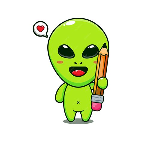 Premium Vector Cute Alien Holding Pencil Cartoon Vector Illustration
