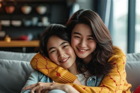 Alegre Joven Madre Japonesa Feliz Con Hija Adolescente Sentada En El