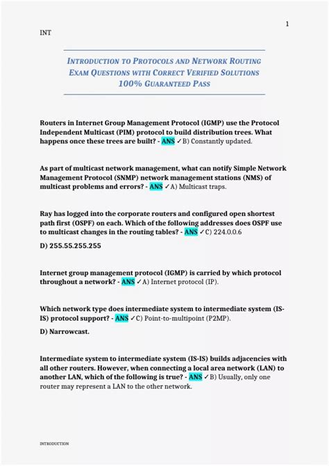Introduction To Protocols And Network Routing Exam Questions With Correct Verified Solutions 100