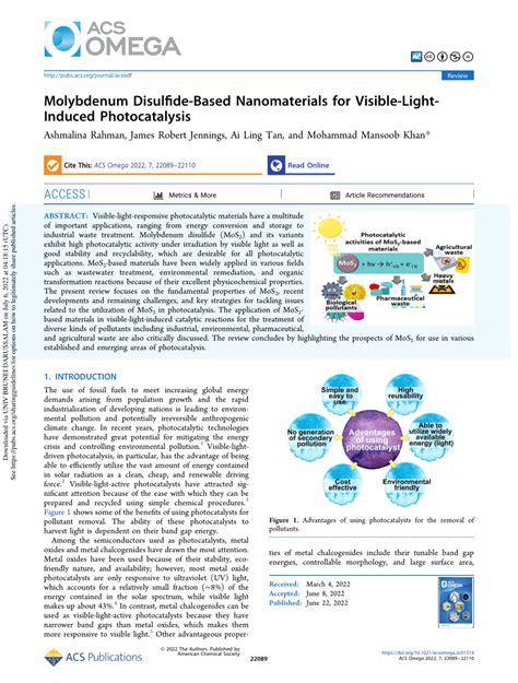 Pdf Molybdenum Disulfide Based Nanomaterials For Visible Light