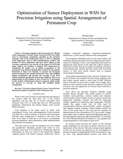 Pdf Optimization Of Sensor Deployment In Wsn For Precision Irrigation Using Spatial
