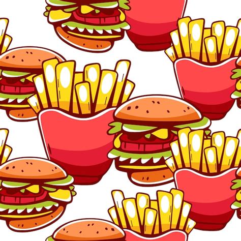 Padrão vetorial hambúrgueres batatas fritas e bebidas estilo cartoon Vetor Premium