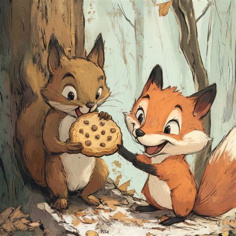 A Squirrel And A Fox Sharing A Chocolate Chip Cookie In The Woods Stock Illustration