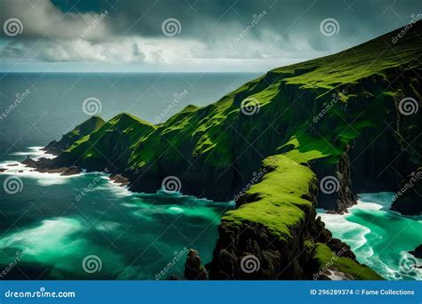 A Rugged Windswept Coastal Cliff Covered In Emerald Green Moss
