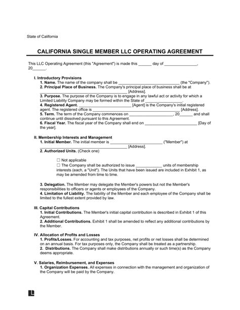 Free California Llc Operating Agreement Template Pdf And Word