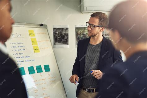 Premium Photo Business Man Or Presentation With Whiteboard In Boardroom For Workflow Steps Or