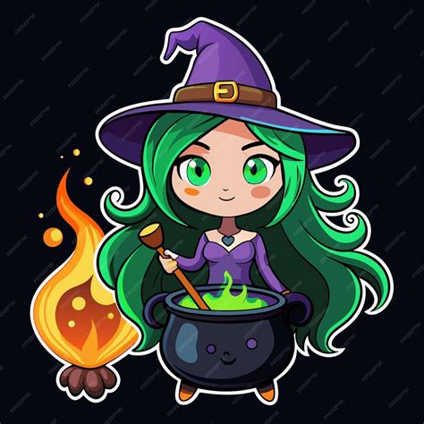 Premium Vector Witch With Spell And Black Magic Pot Hand Drawn Mascot Cartoon Character