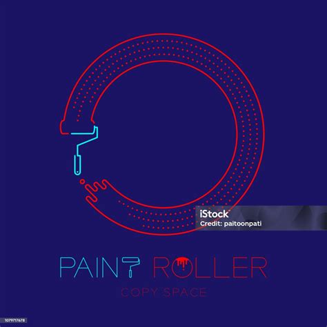 페인트 롤러와 원형 프레임 로고 아이콘 개요 획 설정 페인트 롤러 텍스트와 복사 공간 벡터 Eps 10와 어두운 파란색 배경에 격리는 대시 선 디자인 일러스트 레이 션 가사