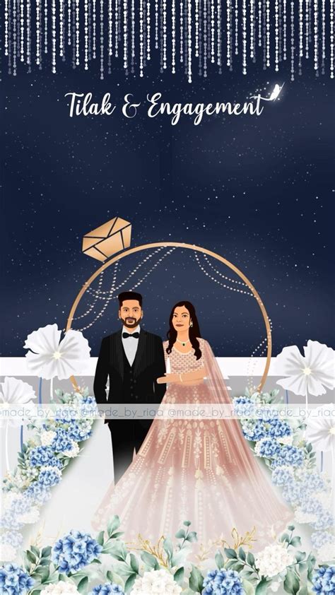 Engagement Invitation With Couple Caricature Ring Ceremony Tilak