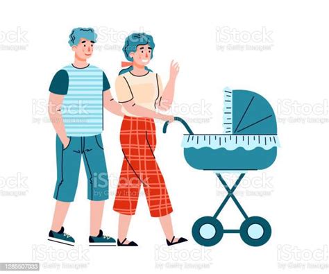 유모차에 누워 신생아와 함께 걷는 행복한 가족의 벡터 일러스트 가족에 대한 스톡 벡터 아트 및 기타 이미지 가족 개념