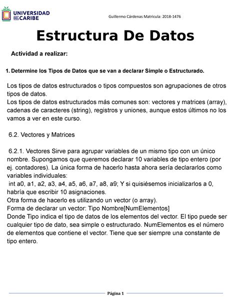 Estructura De Datos Tipos De Datos 1 Guillermo Cárdenas Matricula