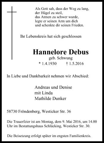 Traueranzeigen Von Hannelore Debus Trauer In NRW De