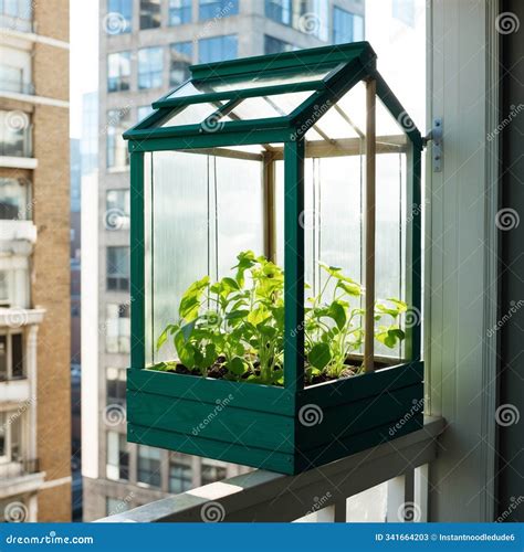 Tiny Greenhouse On City Balcony With Sunlight Filtering Through Glass