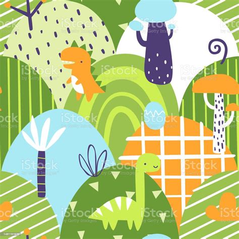 Cute Jurassic Pattern With Dino On The Hills Seamless Vector Print With
