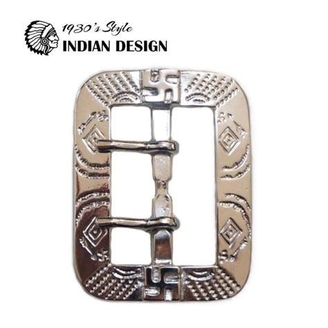 Indian Aztec Motif Buckle Leather Belt 40mm Width Double Prong Vintage