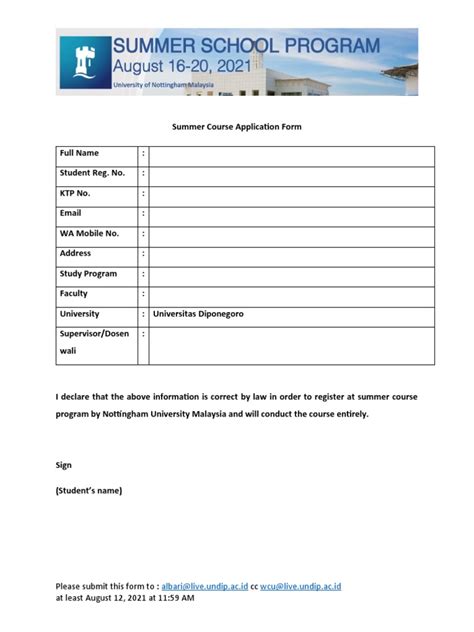 Summer Course Application Form Pdf