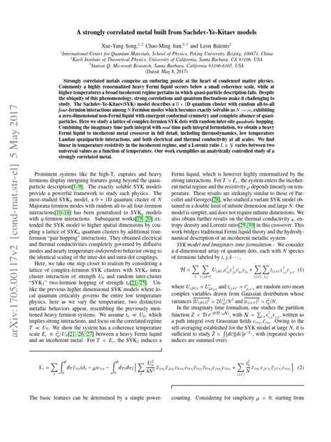 Song A Strongly Correlated Metal Built From Sachdev Ye Kitaev Models Pdf Nature Physical