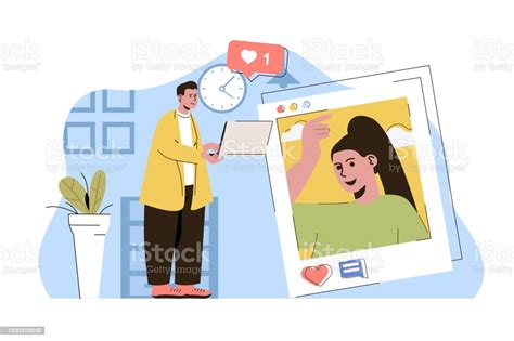 네트워크 상호 작용 개념입니다 남자는 소셜 네트워크 상황에서 여성의 사진과 함께 게시물을 좋아한다 블로그 사람들 장면에서 추종자
