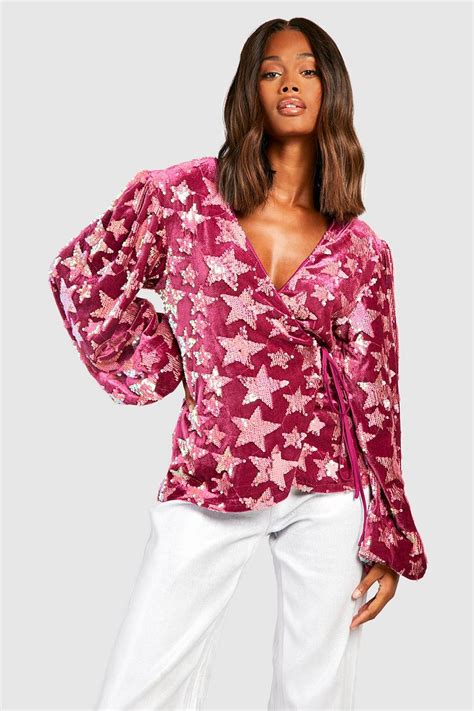 Velvet Star Sequin Balloon Sleeve Wrap Top Boohoo