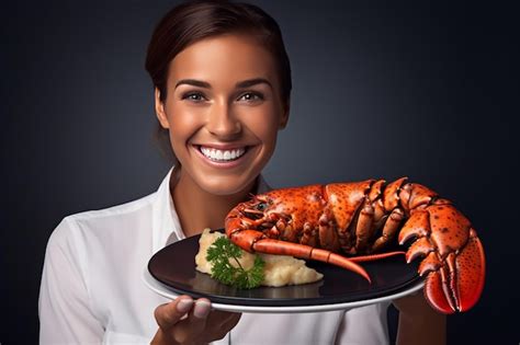 Premium Photo A Woman Holding A Plate Of Lobster And A Potato