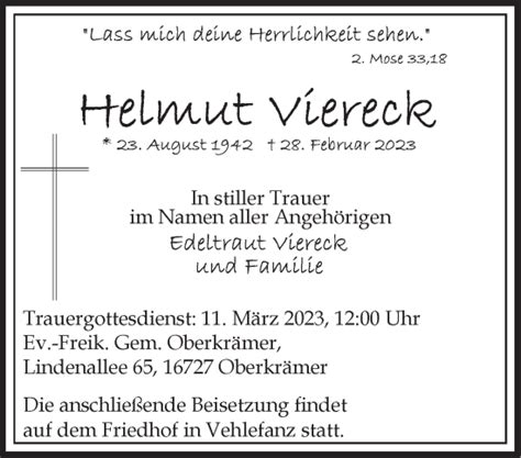 Traueranzeigen Von Helmut Viereck Märkische Onlinezeitung Trauerportal