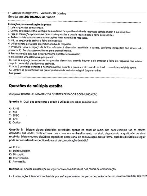 Prova Fundamento De Redes E Dados Pdf