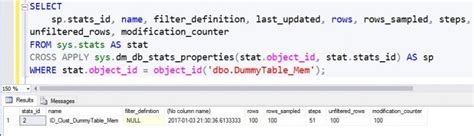Sql Server Using Dmdbstatsproperties With Inmemory Oltp Tables