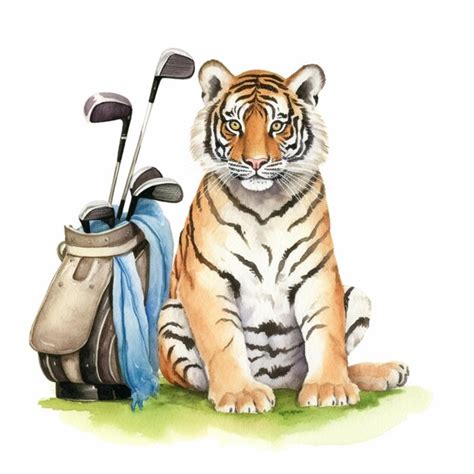 There Is A Tiger Sitting Next To A Golf Bag And A Golf Club Generative