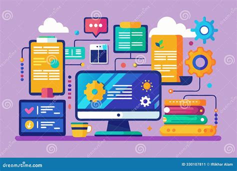 A Colorful Illustration Shows A Computer Display Surrounded By Programming Tools Documents And