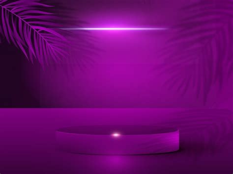 제품 광고 또는 프레 젠 테이 션 목적에 대 한 보라색 조명 효과 배경에 3d 빈 연단 및 전나무 잎 프리미엄 벡터