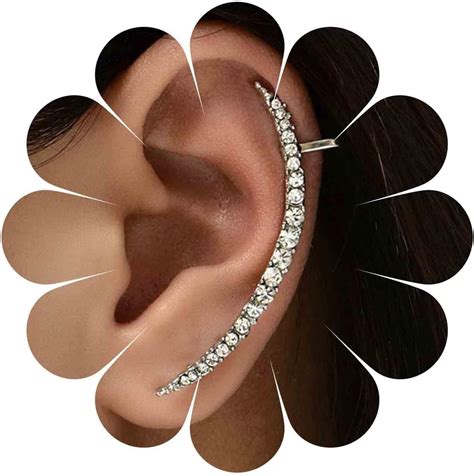 Boho Long Crystal Cuff Wrap Earrings Silver Bar Rhinestone Climber Earring Cz Ear