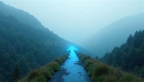 Blue Arrow Cutting Through A Dense Foggy Mountain Landscape Mist Earthy