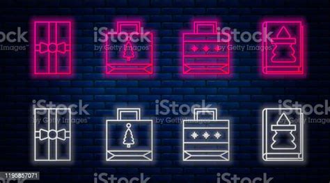 세트 라인 크리스마스 종이 쇼핑 백 크리스마스 종이 쇼핑 백 선물 상자와 크리스마스 책 벽돌 벽에 빛나는 네온 아이콘입니다 벡터 가방에 대한 스톡 벡터 아트 및 기타 이미지