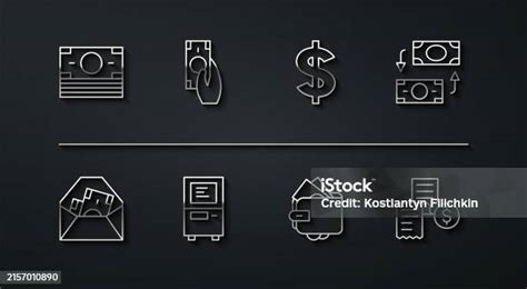 세트 라인 스택 지폐 현금 달러 기호가 있는 봉투 환전소 지갑 Atm 빠른 결제 종이 또는 금융 수표 및 달러 아이콘 벡터 0
