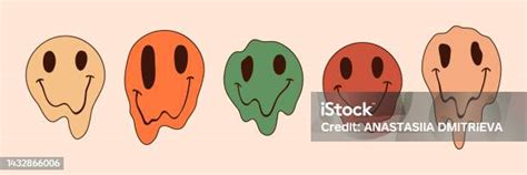 그루비 녹는 웃는 얼굴 사이키델릭 왜곡 이모티콘 벡터 일러스트 레이 션 1970 년대 히피 레트로 스타일 사람 같은 웃는 얼굴에 대한 스톡 벡터 아트 및 기타 이미지