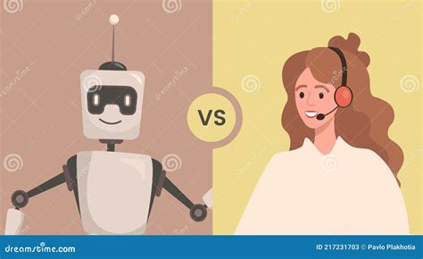 Robot Versus Human Flat Vector Illustration Set Man Competing With