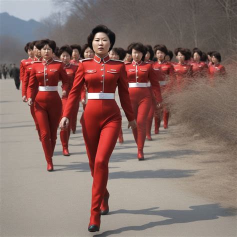 Female North Korean Soldiers Marching Wearing Red By 2024darwin On