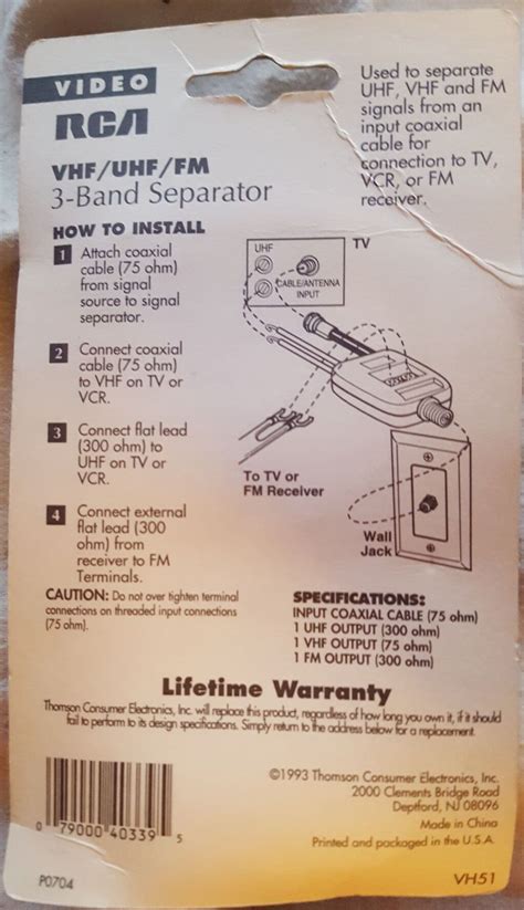 Rca Vh51 Splitter Vhf Uhf Fm 3 Band Separator For Video 75 Ohm In 75 300 Ohm Out 079000403395 On