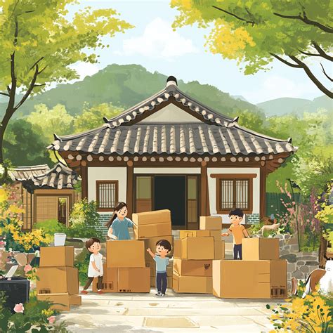 이사가는 모습을 담은 장면 한국의 전통 가옥 앞에 상자와 가구들이 쌓여 있는 모습 가족이 함께 짐을 옮기고 있는 우울한 분위기 햇살이 비치는 날 걱정스런 표정의