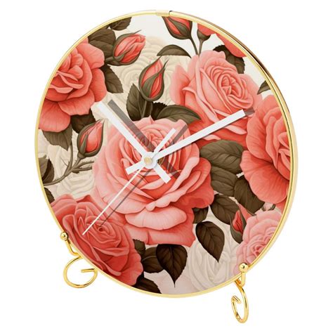 Ownta Roses Flower Pattern Round Printed Wall Clocks With Hooks And