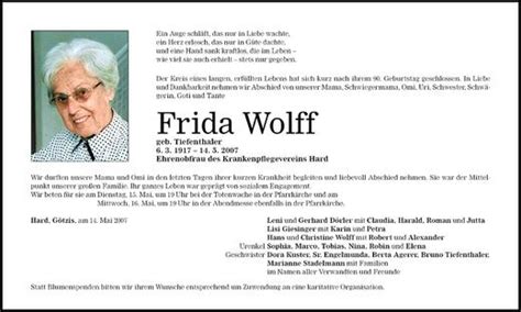 Todesanzeigen Von Frida Wolff Todesanzeigen Vorarlberger Nachrichten