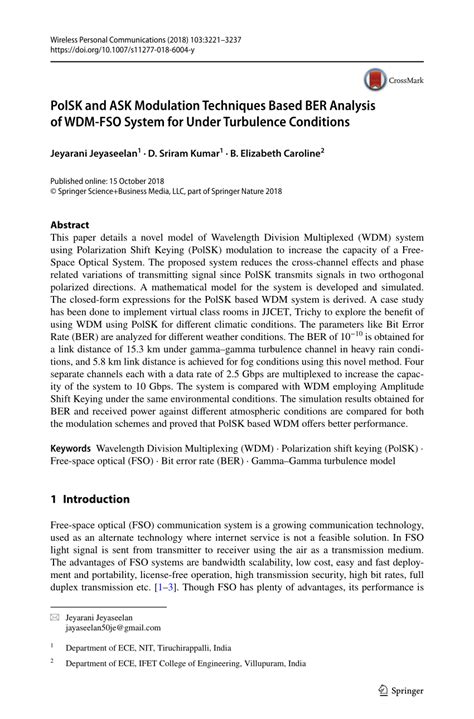 Pdf Polsk And Ask Modulation Techniques Based Ber Analysis Of Wdm Fso System For Under