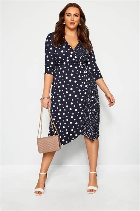 Navy Mixed Polka Dot Wrap Dress Yours Clothing