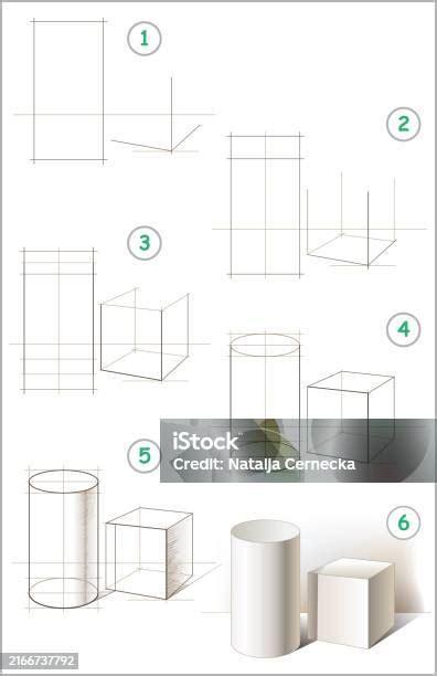 원통형과 정육면체로 정물을 그리는 방법을 단계별로 배우는 방법을 보여줍니다 아이들에게 그림 그리기와 색칠하기 기술을 개발합니다 벡터 이미지입니다 3차원 형태에 대한 스톡