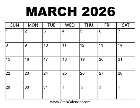March Month Calendar 2026 Printable Free Printable Templates