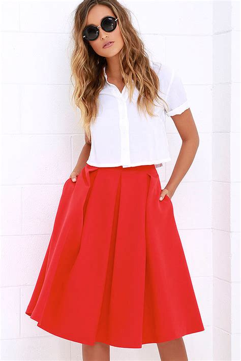 Lovely Red Skirt Red Midi Skirt Pleated Midi Skirt 6200 Lulus