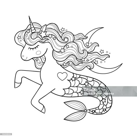 Print귀여운 만화 바다 유니콘 흑인과 백인 선형 그림 벡터 일러스트 레이 션 가공의 인물에 대한 스톡 벡터 아트 및 기타