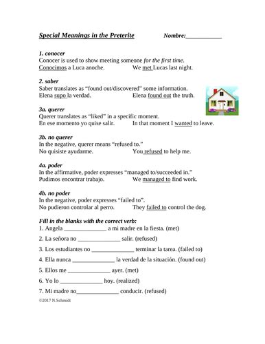 Spanish Preterite Worksheet Special Verbs Conocer Saber Querer